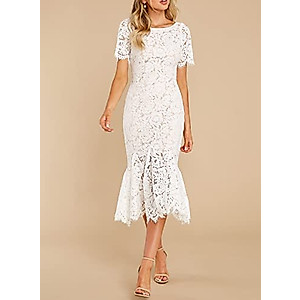 MERMAID'S CLOSET Womens White Floral Lace Midi Bodycon Cocktail Dress Elegant Wedding Guest Party Long Mermaid Dress