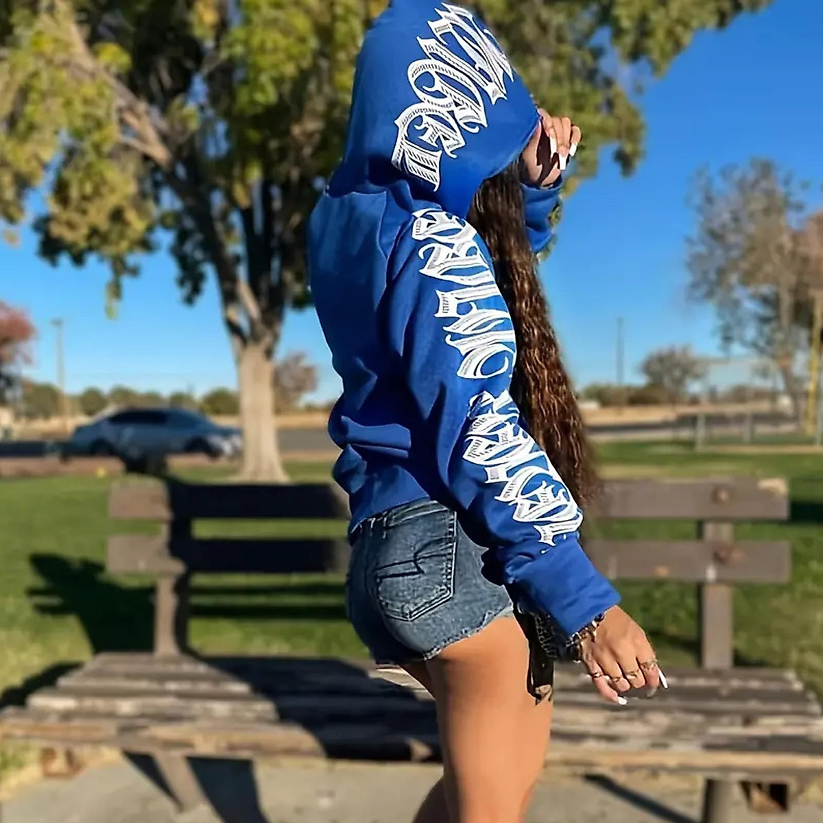 PLAYPUNK Women Zip Up Hoodie Y2k Letter Graphic Print Rhinestone Oversized Hoodies Gothic Jacket Vintage Streetwear (Blue, M)