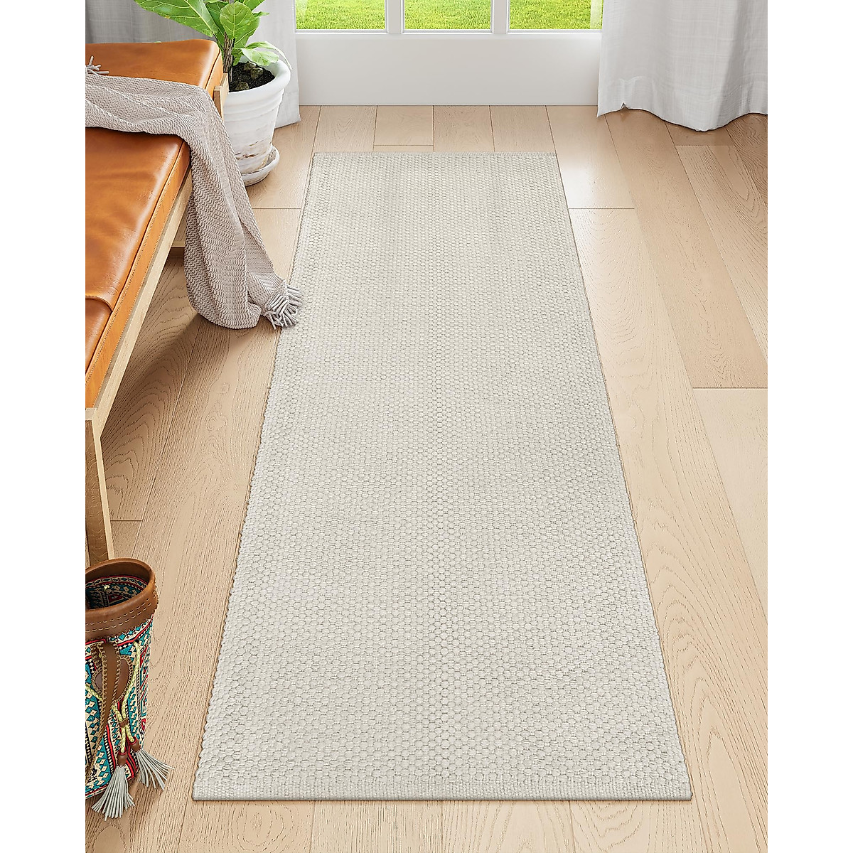 Lahome Boho Bathroom Runner Rug, 2x6 Washable Hallway Kitchen Runner Rug Cotton Woven Rug Runner, Farmhouse Cream Runner Rug Lightweight Carpet Runners for Hallway 6ft Laundry, White/Cream