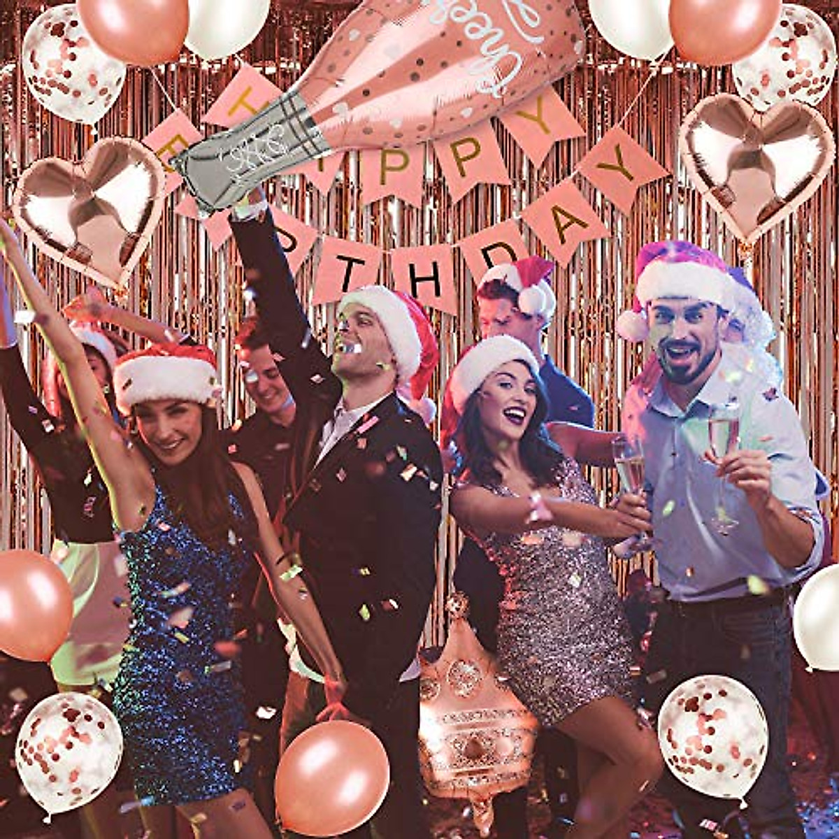 Rose Gold Party Decorations Set,Happy Birthday Confetti Balloons with DIY Cake Topper, Banner, Fringe Curtain,Champagne Foil Balloons,Star Heart Foil Balloons,Crown Balloons for Birthday Supplies
