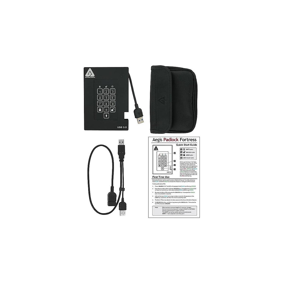 Apricorn 2TB Aegis Padlock Fortress FIPS 140-2 Level 2 Validated 256-Bit Encrypted USB 3.0 Hard Drive with PIN Access (A25-3PL256-2000F)