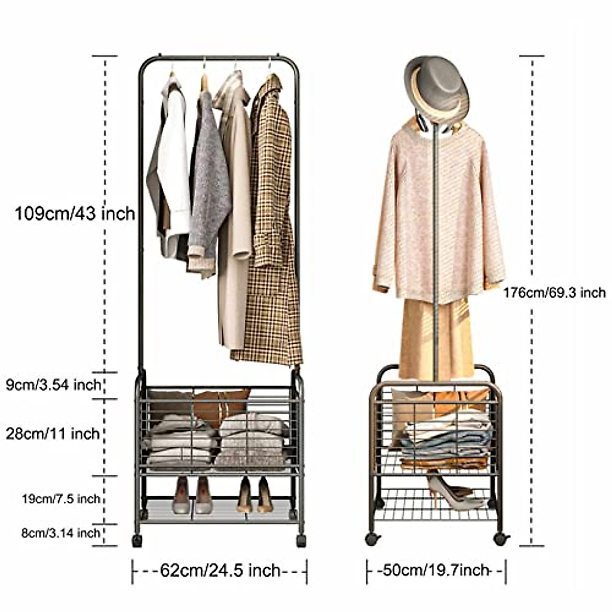 Laundry Cart with Clothes Rack,Rolling Laundry Hamper Basket Cart with Metal Wire Storage Rack and Hanging Rack ，Laundry Butler Garment Rack Storage Rack