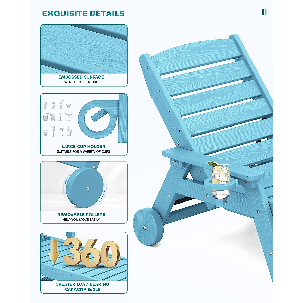 SERWALL Patio Chaise Lounge Chair Set of 2, 5 Positions Adjustable HDPE Outdoor Lounge Chair for Pool, Poly Lounge Chair with Rolling Wheels & Cup Holder for Poolside, Deck, Light Blue