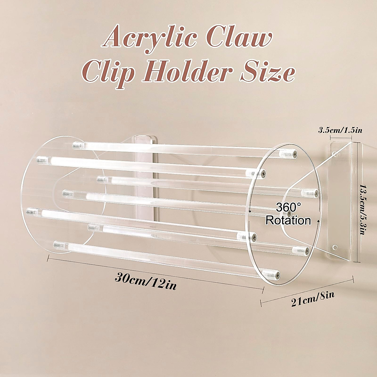 SNOWSTAR Acrylic Claw Clip Organizer Holder,Wall Mount 360-Degree Rotating Claw Clip Holder and Storage,Hair Clip Organizer Display Clear Stand for Women and Girls