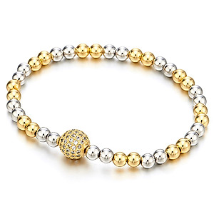 COOLSTEELANDBEYOND Beautiful Gold Silver Two-Tone Beads Bracelet for Women with Cubic Zirconia Ball
