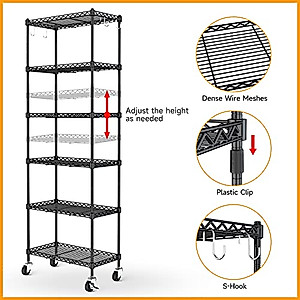 vkahaak 6-Tier Wire Shelving Unit, Adjustable Storage Shelf with Lockable Wheels, Large Capacity Metal Shelves with Stainless Hook for Garage Kitchen Pantry Living Room Bathroom (22" x 12" x 65")