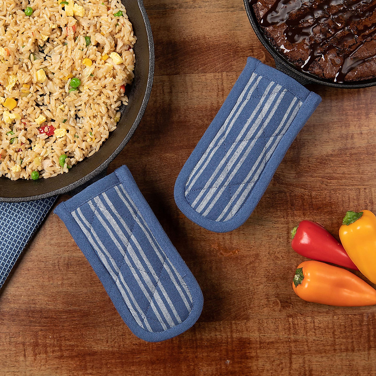 Pan Handle Cover for Cast Iron Skillet, Hot Pot Handle Holder, Heat Resistant Sleeve, 3 in x 6 in, 2 Pack, Blue Oeko-Tex Cotton