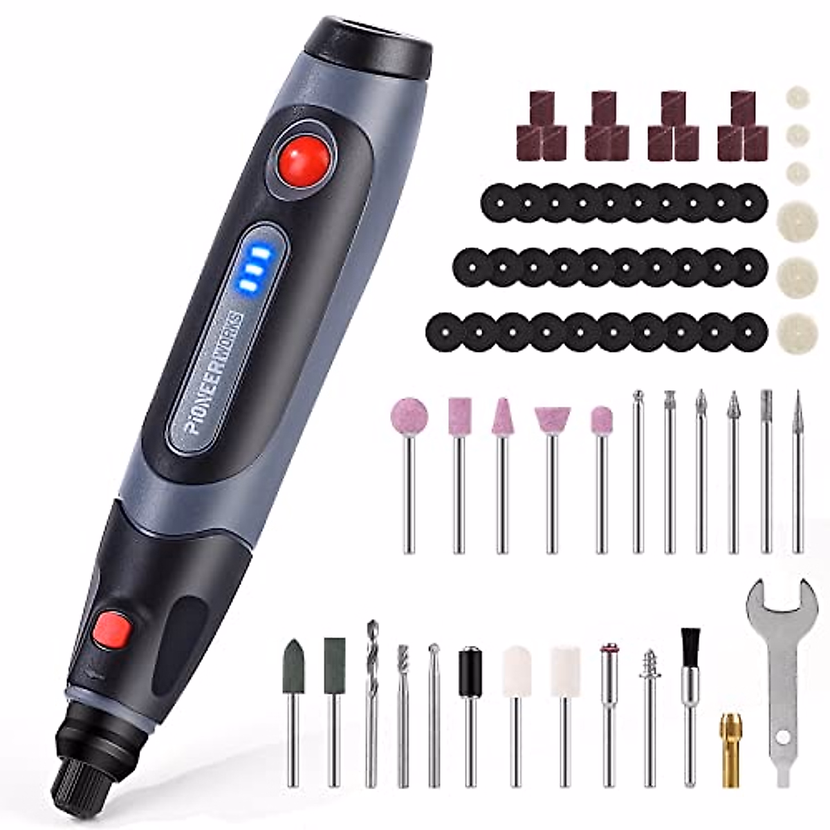 4V Mini Cordless Rotary Tool,PioneerWorks 3-Speed Power Rotary Kit With 72 Accessories,LED Light.USB Charging,For Small Light Projects as Sanding,Polishing,Engraving, DIY Crafts