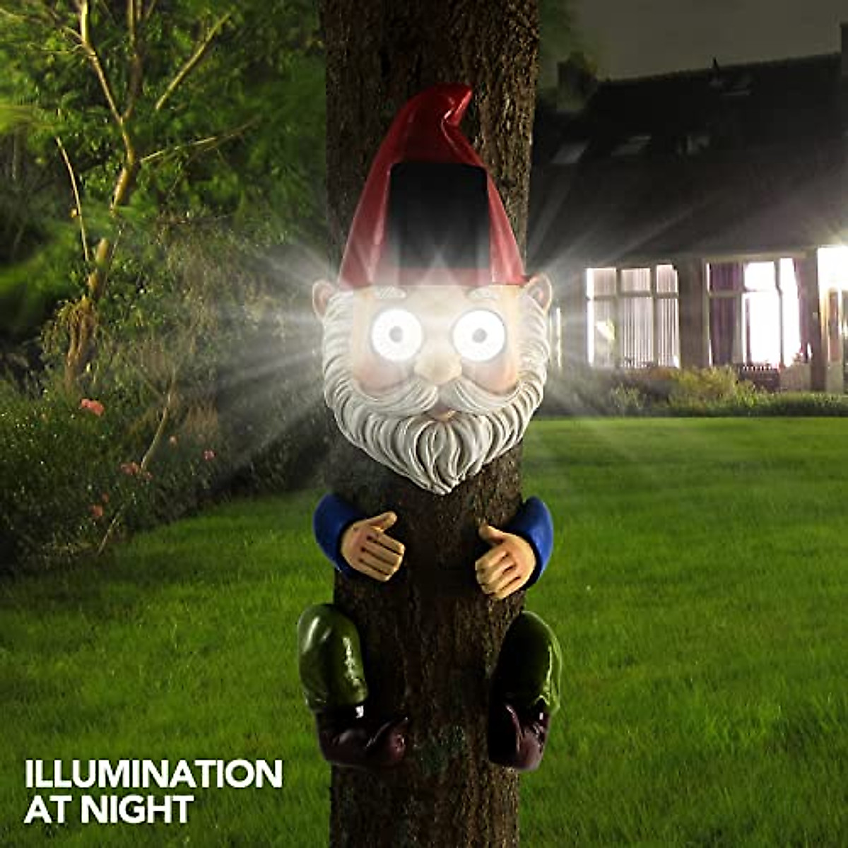 Gnome Solar Tree Hugger Sculpture with LED Lights for Outdoor Decoration - Funny Figurine for Lawn, Yard, and Garden