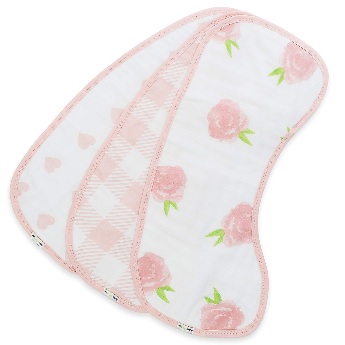 Ziggy Baby Muslin Burp Cloths, Burpy Bib Set (3 Pack) Pink Peony, Heart and Buffalo Plaid
