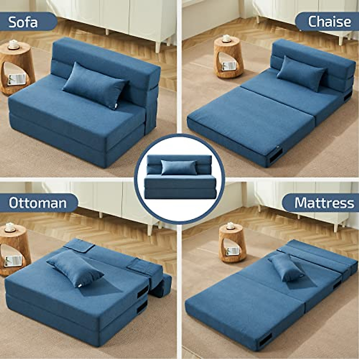 SUYOLS Folding Sofa Bed with Pillow - Convertible Chair Floor Couch & Sleeping Mattress - Foldable Memory Foam Sleeper for Living Room/Dorm/Guest Room/Home Office/Apartment/Upstairs Loft, Light Blue