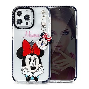 Threesee for iPhone 14 Pro Max Cute Case,Minnie Mouse Cute Cartoon Kawaii Girls Kids Women Slim Gel Rubber Bumper Soft TPU Protective Clear Case with Pendant for iPhone 14 Pro Max 6.7 inch(Minnie)