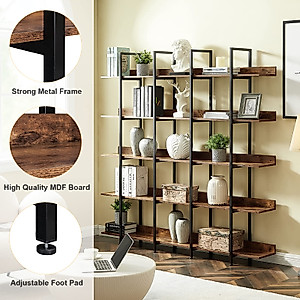 GNIXUU Triple Wide Bookshelf 5-Tier, Industrial Display Bookcase with Metal Frame, Tall Open Storage Book Shelves for Bedroom Living Room Office (Rustic Brown)