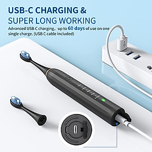BEBEN Sonic Electric Toothbrush, IPX7 Toothbrush Electric with Long Battery Toothbrush Life for 60 Days, Rechargeable Electronic Toothbrush Set with 5 Tooth Brush Heads-Black