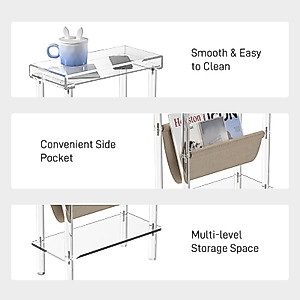Eglaf Acrylic Narrow Side Table for Small Spaces - Slim End Table with Magazine Holder - Skinny Side Table Small Bedside Table Nightstand for Living Room Bedroom- 15.7” L x 7” W x 23.9” H, Clear