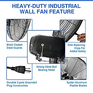 KEN BROWN 20 Inch Industrial Oscillating Wall Mount Fan 5500CFM,Heavy Duty,High Velocity,3- Speed,Black
