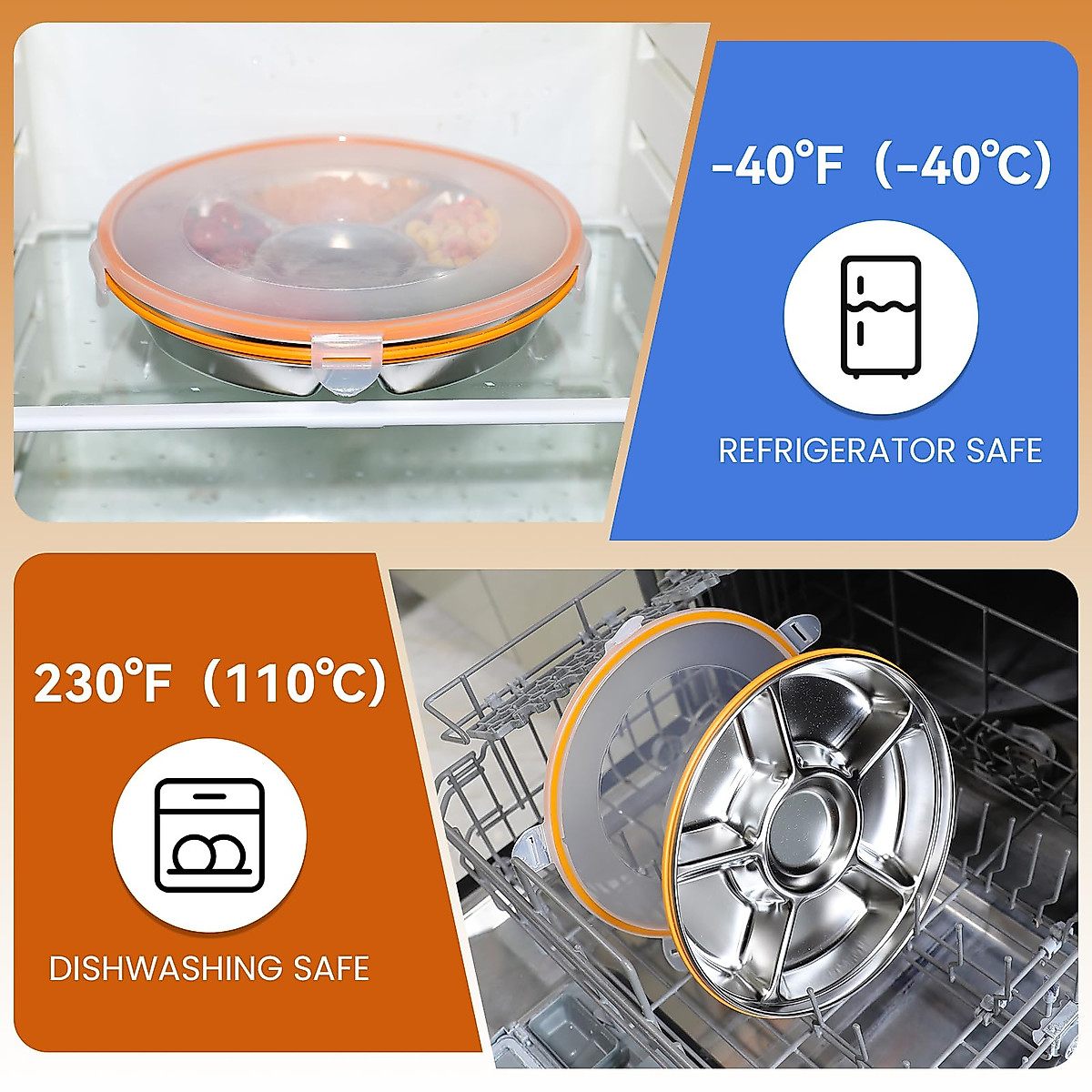 YENXIKU Divided Serving Tray with Lid, Stainless Steel Veggie Tray with Plastic Lid, Reusable Vegetable Platter, Snack Tray, Snackle Box for Party, Easy to Clean (6 Compartments, 60oz)