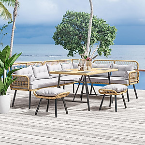 YITAHOME Patio Wicker L-Shaped Furniture Set, All-Weather Rattan Outdoor Conversation Sofa Set for Backyard Deck with Soft Cushions,Ottomans and Plastic Wood Dining Table (Light Brown+Gray)
