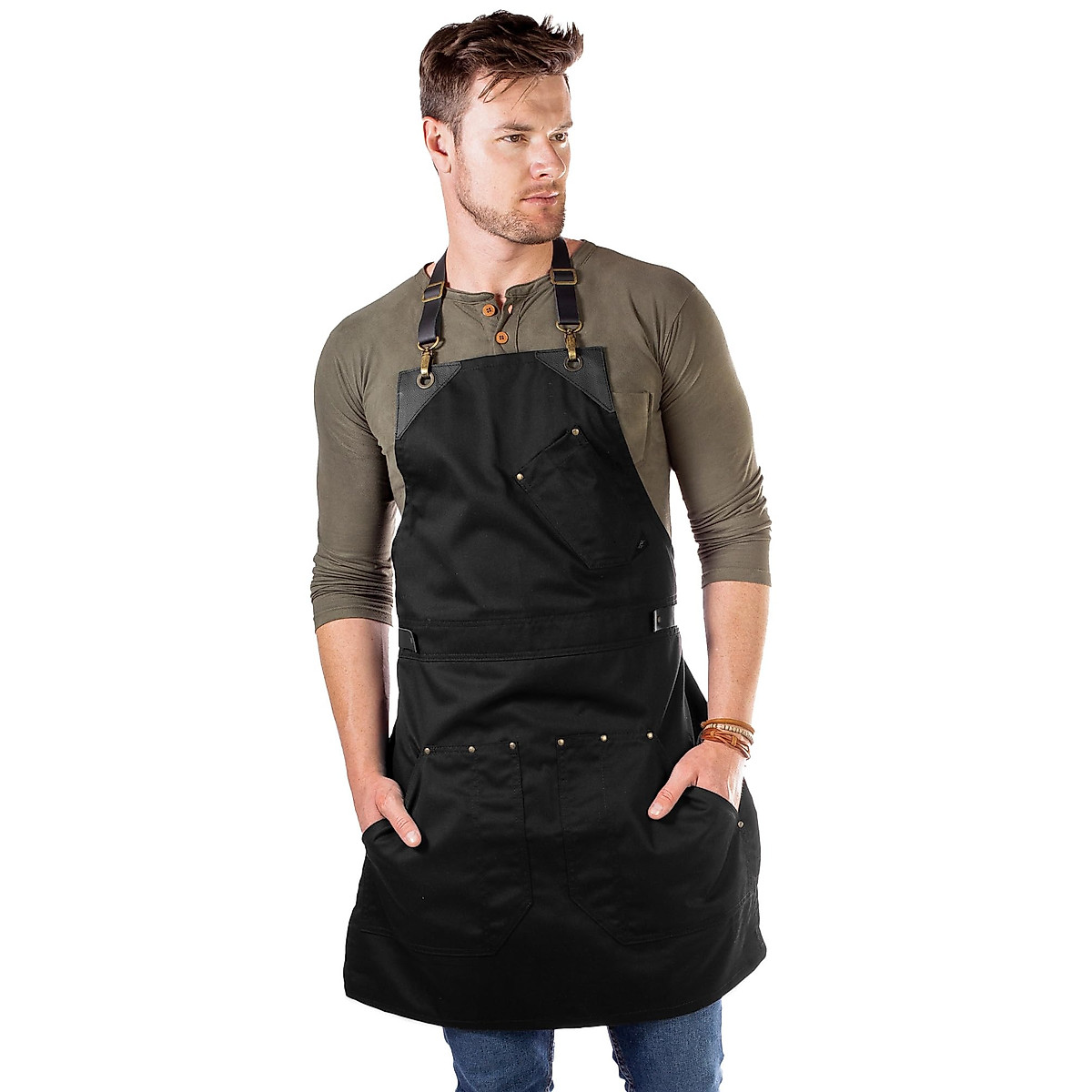 Under NY Sky Barista Apron - Black Leather Straps and Reinforcement - Riveted Pockets - Double Stiched - Leather Ring Loop - Professional Black Twill - Double as Half Bistro Apron - Chefs, Bartender