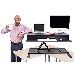 Flexpro Power 40 Inch Electric Corner Desk Converter for Cubicles and L-Shaped Desks with Quiet Height Adjustments, Large Dual Level Sit to Stand Computer Workspace (Black, 44in x 32in)