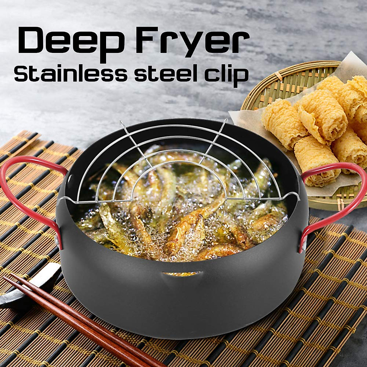 Deep Fryer,22cm Tempura Deep Fryer,Non Stick Japanese Style Deep Frying Iron Pot,with Oil Drip Drainer Rack & Clip,for Fried Chicken Legs,Tempura,French Fries,Chicken Chops(Black)