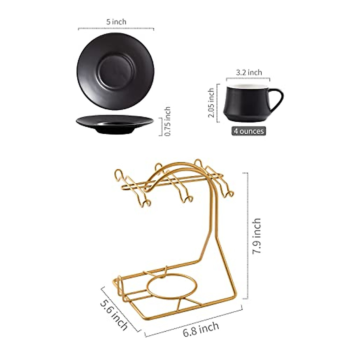 Gomakren Espresso Cups with Saucers Set of 6 with Stand, 4 oz Cappuccino Espresso Latte Coffee Small Cup Black Demitasse Tea Cups for Party Daily Use