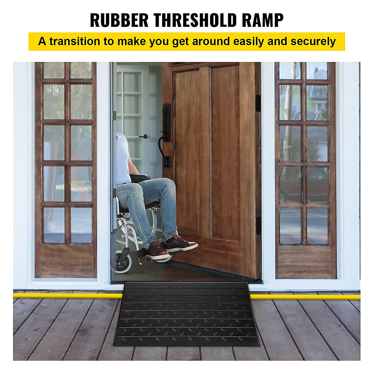 VEVOR , 2.6" Rise threshold ramp Doorway, 3 Channels Cord Cover Rubber Solid, Rubber Angled Entry Rated 2200Lbs Load Capacity for Wheelchair and Scooter