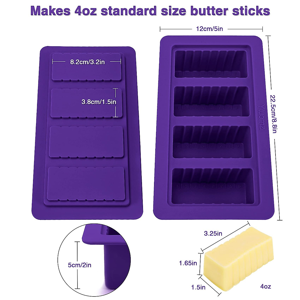 Butter Mold with Lid, Silicone Butter Tray Container with Spatula, Non-Stick Silicone Butter Molds for Making 4 Stick Forms Herbal Butter, Homemade Butter, Garlic Butter, Easy Release (Purple)