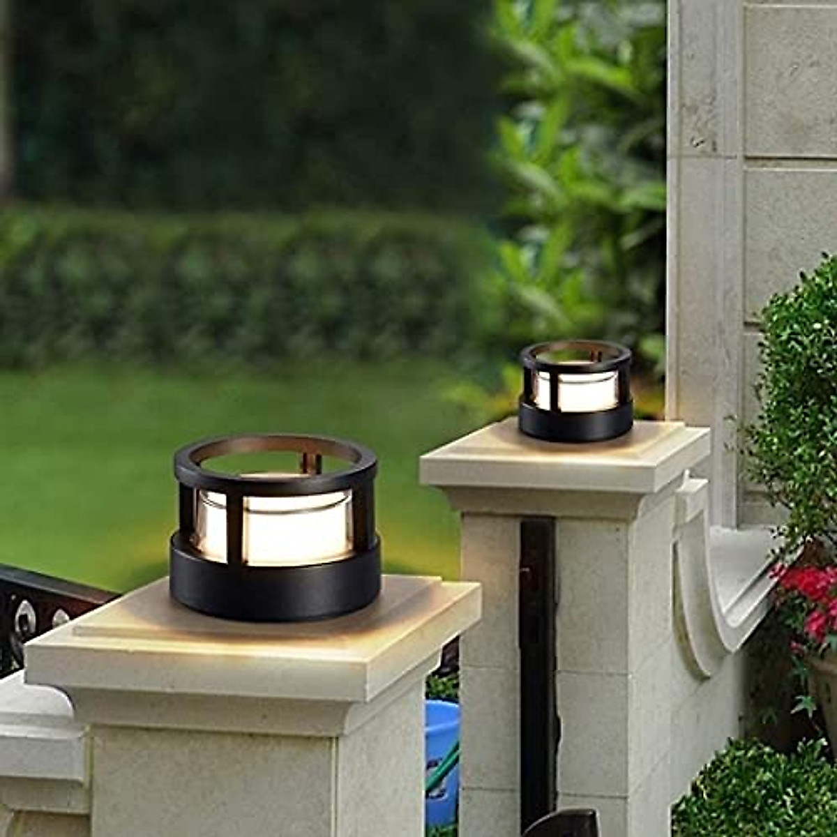 Mrdsre IP65 Waterproof Round Outdoor Garden Post Bollard Light Residential Lighting Column Lamp Aluminum Pathway Driveway Floor Lawn Landscape Lighting Decoration Pillar Lantern Stigma Lamps