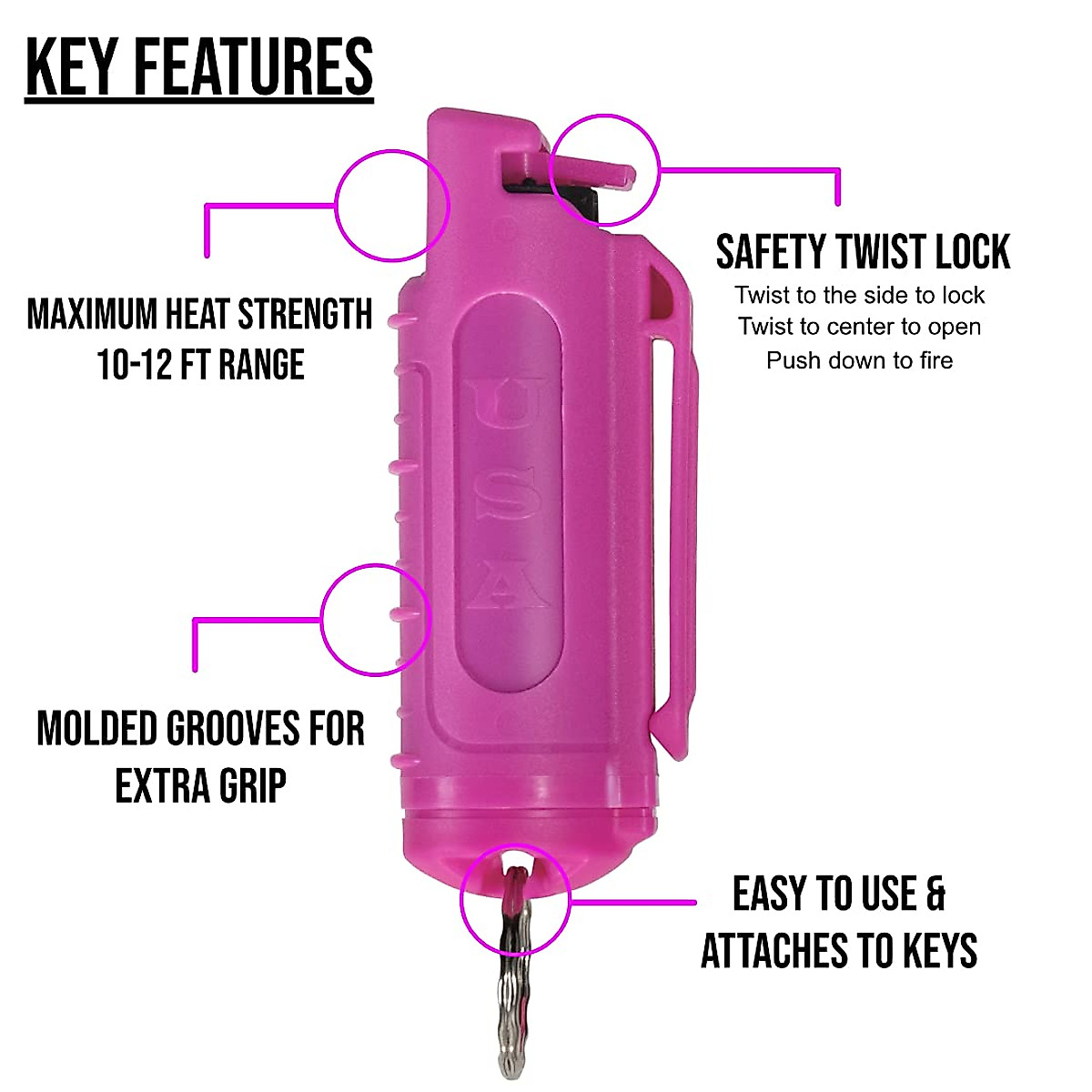 Police Magnum Keychain Pepper Spray Self Defense Belt Clip Holder- Tactical Maximum Strength OC with Dye- Made in The USA - 1 Pack Hot Pink INJ
