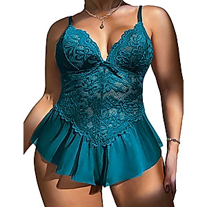 Avidlove Plus Size Lingerie for Women One Piece Teddy Bodysuit Lace Babydoll Chemise Sexy Sleepwear Nightgown Blue Green