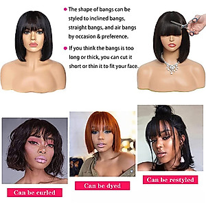 WENYAN Short Bob Wig Human Hair with Bangs 8 Inch None Lace Front Wigs for Black Women Brazilian Virgin Straight Hair 150% Density Machine Made Bob Wigs Natural Color