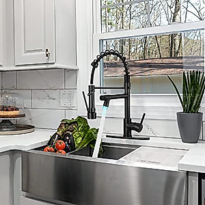 KZH Kitchen Sink Faucet with Pull Down Sprayer,Single Handle Two Spout Kitchen Faucets with LED Light,Matte Black,Stainless Stee