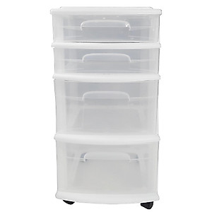 Homz Clear Plastic 4 Drawer Medium Home Organization Storage Container Tower w/2 Large and 2 Small Drawers, and Removeable Caster Wheels, White Frame