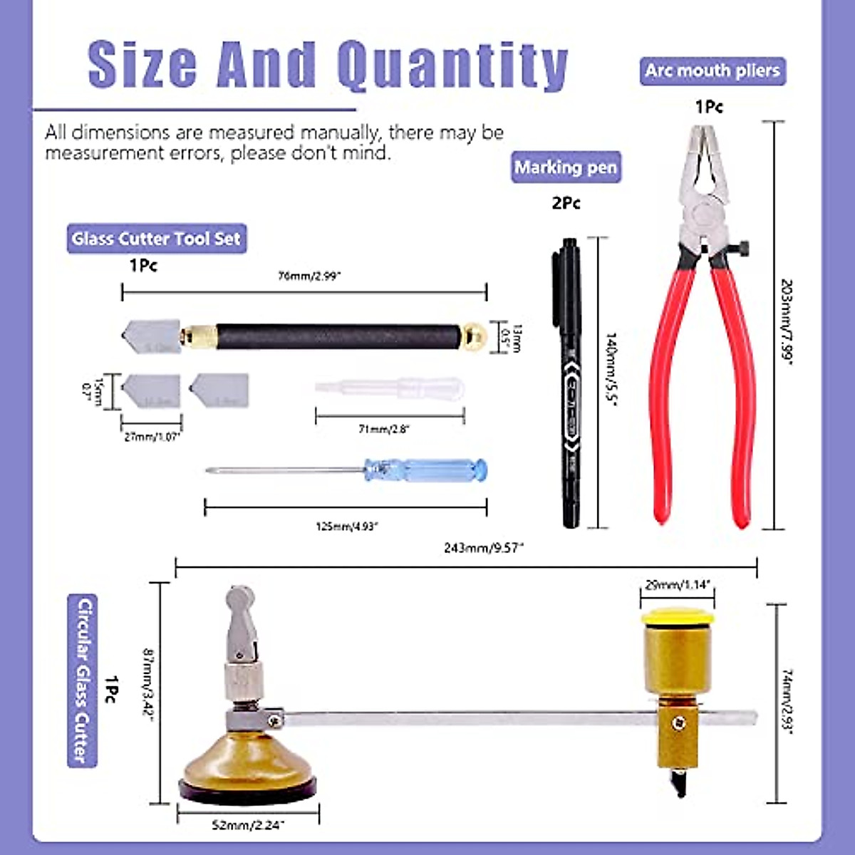 Wokape 11Pcs Glass Cutter Tool Kit, Circular Glass Cutter and Curve Jaw Glass Running Pliers with Rubber Tips, Pencil Oil Feed Carbide Tip Glass Cutter, 2Pcs Blades with Oil Dropper and Screwdrive