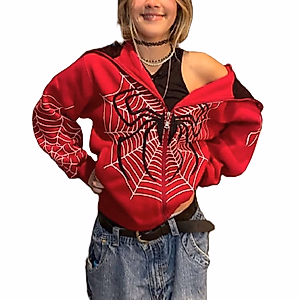 NIKDUCK Y2k Full Zip Up Hoodie Women Oversized Goth Sweatshirt E-Girl Rhinestone Long Sleeve Graphic Jacket Streetwear (Standard, #25-Red, XL)