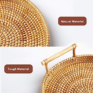 Rattan Round Serving Tray, 2 Size Hand-Woven Rattan Tray Serving Tray with Handles, Wicker Tray Basket Tray for Bread Fruit Food Coffee Breakfast Display