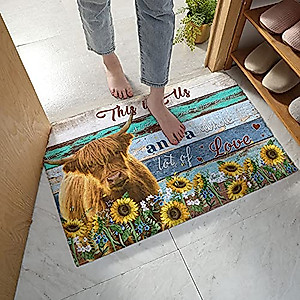 Floor Door Mats Shag Carpet Vintage Farm Teal Wooden Planks,Non Slip Super Soft Bath Rugs Highland Cow and Quote Sunflower,Shaggy Fuzzy Area Rug for Kitchen/Bathroom/Living Room Decor 18×30In