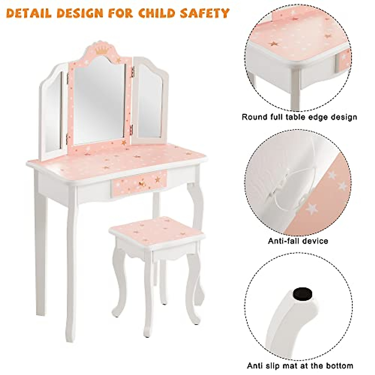 Nromant Kids Vanity Table and Chair Set, Girls Vanity Set with Mirror and Stool, Tri-Folding Mirror, Makeup Dressing Princess Table with Drawer, Kids Vanity Set with Mirror Age 4-9
