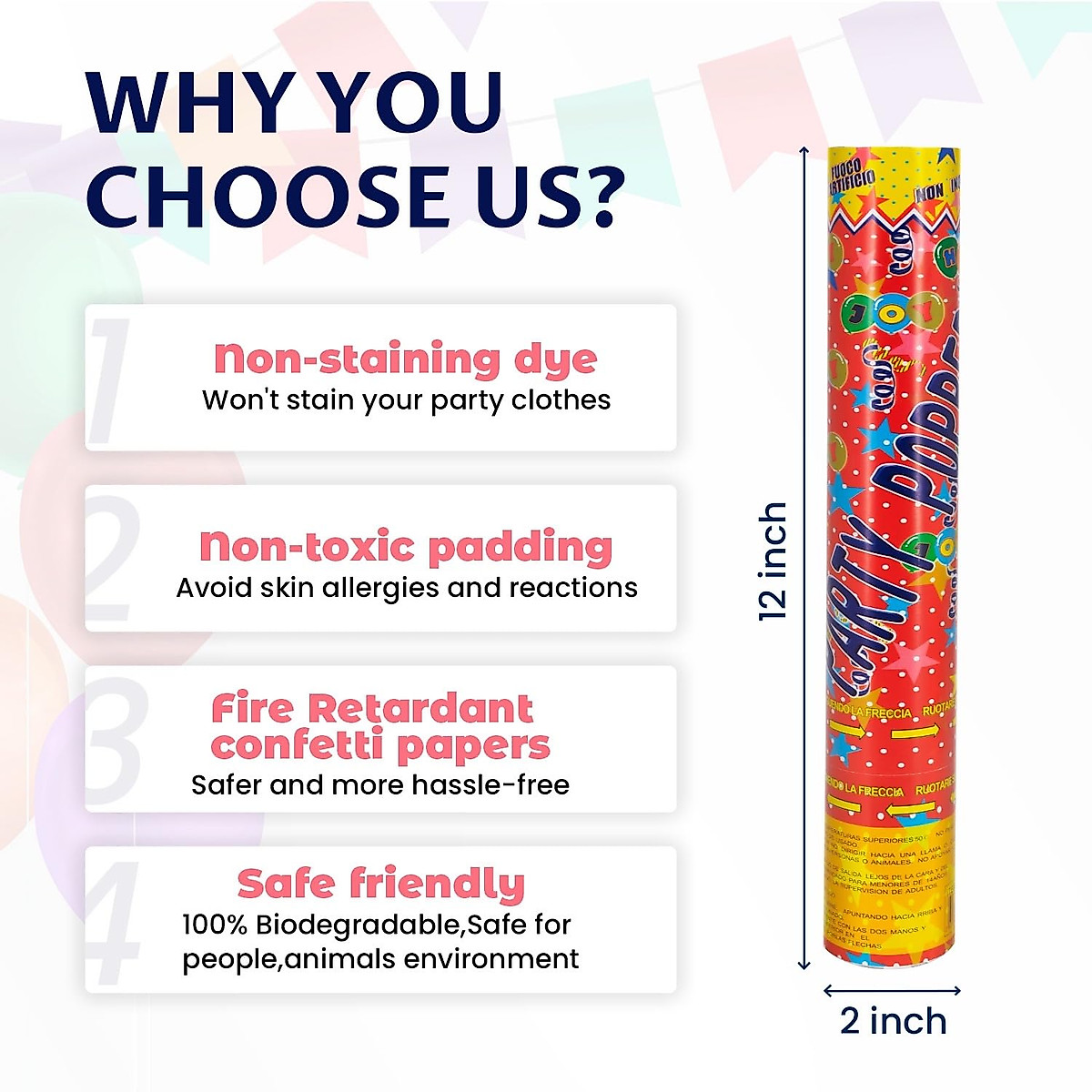 Confetti Cannon 12Inch Multicolor confetti popper party streamer Biodegradable 12Pack Party Popper Streamer Shooters for Weddings Birthdays Graduations Baby Showers Christmas New Year Celebrations