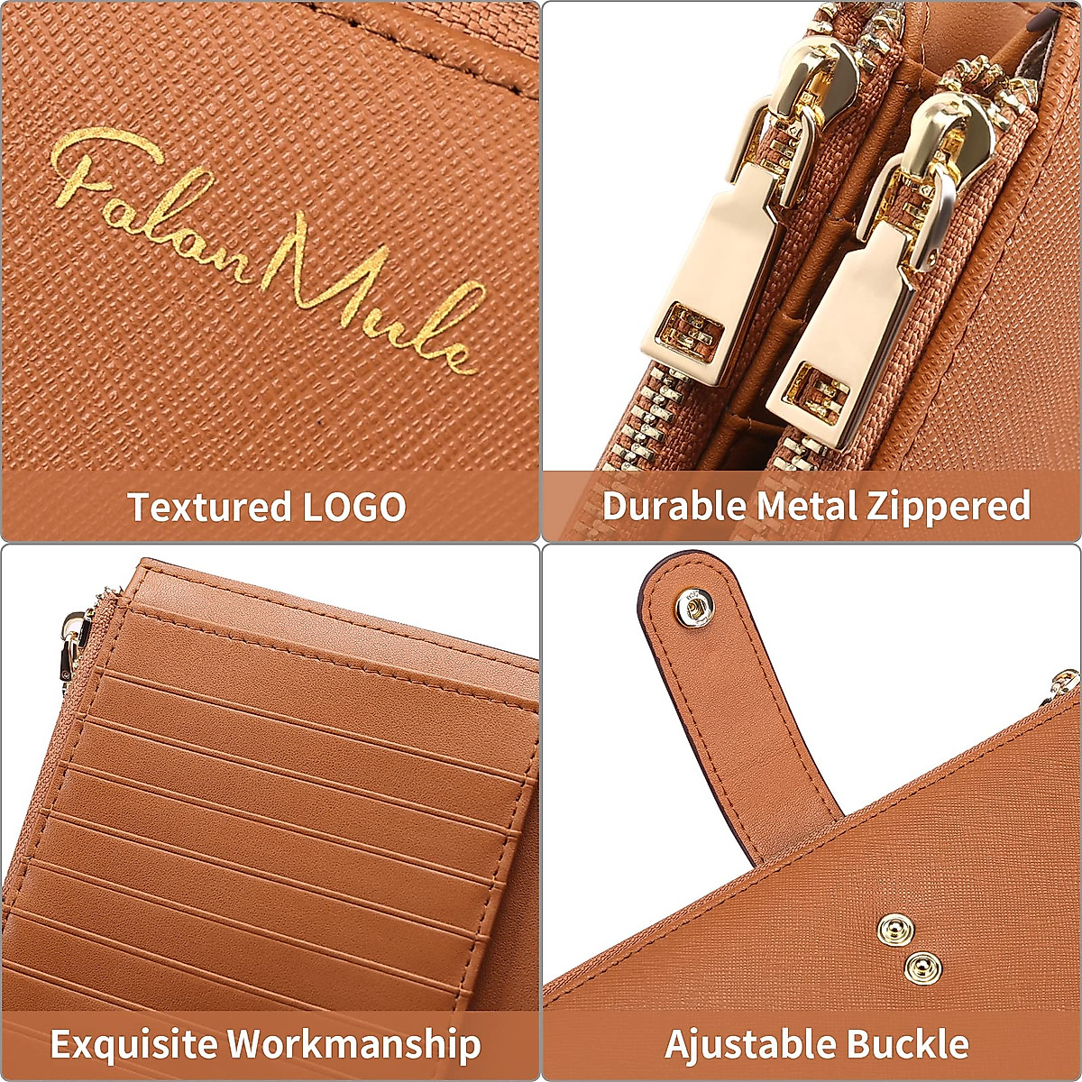 FALAN MULE Women's Leather Double Zip Around Wristlet Wallet Ladies Clutch handbag