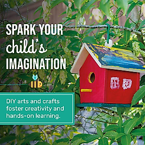Beetle & Bee Build A Bird Bungalow - DIY Kid Art Craft Outdoor Birdhouse Kit, House Painting Kit for Kids, Hardware Glue Included- 4 Paints, 1 Brush, 7 Wooden Pcs, Chain For Tree Hanging Age 5+