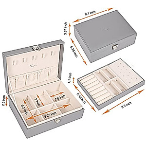 Voova Jewelry Box Organizer for Women Girls, 2 Layer Large Men Jewelry Storage Case, PU Leather Display Jewellery Holder with Removable Tray for Necklace Earrings Rings Bracelets, Vintage Gift,Grey