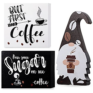Jetec 3 Pieces Wooden Coffee Bar Sign Tiered Tray Decors But First Coffee Tiered Tray Decor Pour Some Sugar on Me Wooden Art Decor Gnome Coffee Mini Table Decor for Rustic Coffee Bar Coffee Shop
