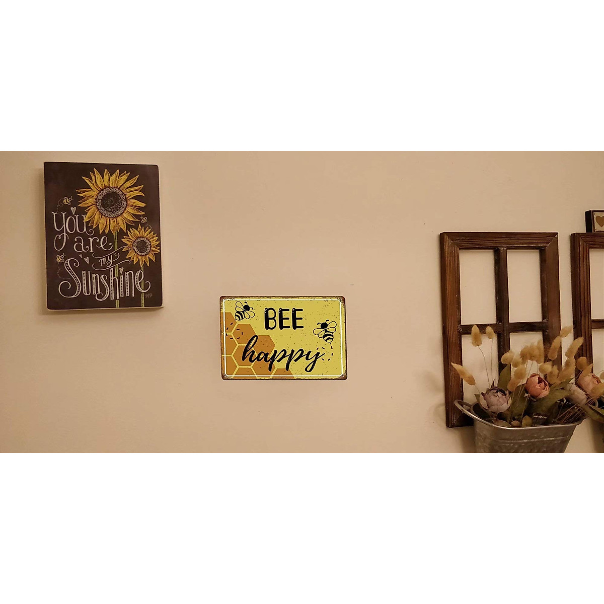 Eudora Mill Bee Happy 8x12 Metal Tin sign Vintage Bee Sunflower Happy Home Coffee Wall Decor Outdoor Farm Garden Rural Courtyard Wall Art Decor, Deco Mesh Wreath Supplies,Gift Gardeners, Teachers