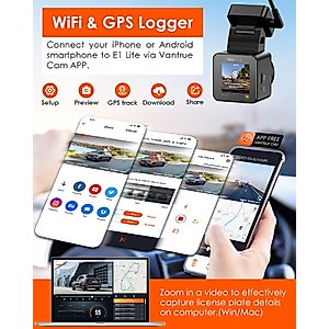 【Bundle: Vantrue E1 Lite 1080P WiFi Mini Dash Cam + Type C USB Hardwire Kit】Vantrue E1 Lite 1080P WiFi Mini Dash Cam with GPS and Speed, Free App, Voice Control Detachable Dash Camera,24H Parking Mode