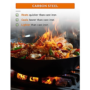 Commercial CHEF 12" Carbon Steel Wok with Acacia Wood Handle, Non Stick Stir Fry Pan with Ceramic Coating, Safe for Any Cooktop or Grill, Lighter and Cools Faster than Cast Iron