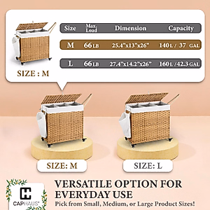 CAPHAUS Laundry Basket w/Wheels, Synthetic Rattan Laundry Hamper w/Lid, Removable Liner Bags, Mesh Bags, Pulling Strap, Clothes Hamper for Laundry, Basket w/Lid for Storage, 140L, Natural