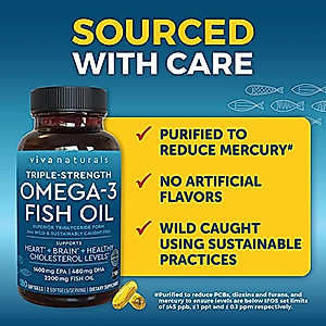 Viva Naturals Triple-Strength Omega 3 Fish Oil with EPA and DHA Supplements 2,200mg, 180 Softgels