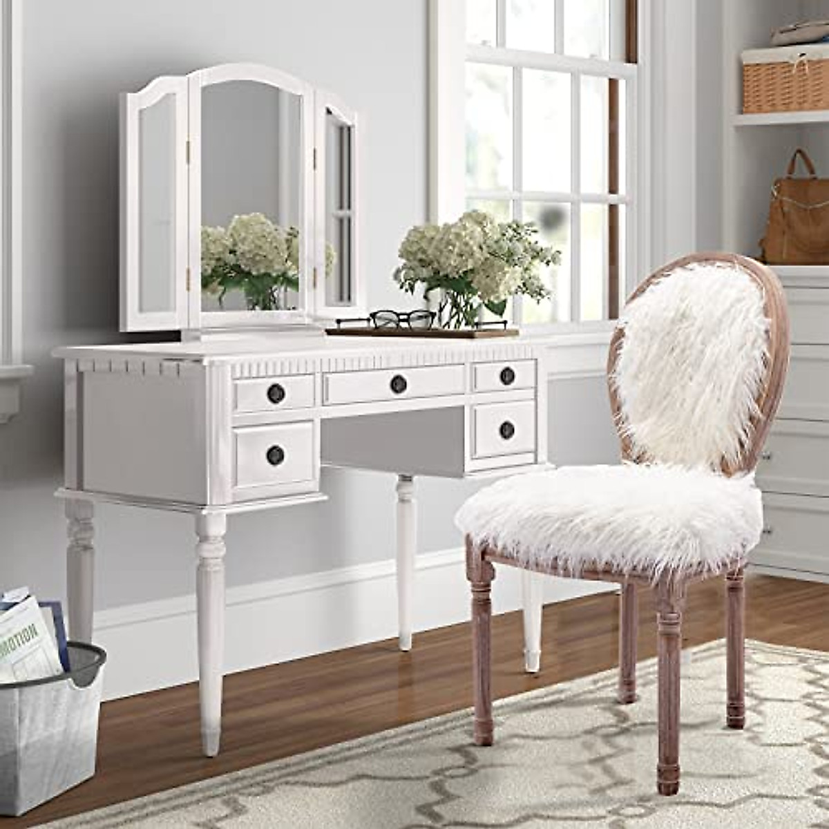 AWQM Faux Fur Dining Chairs Set of 2,Vintage Elegant French Chair with Round Back Distressed Wood,Mid Century Furry Vanity Chair,for Kitchen Dining Room Living Makeup Room, White